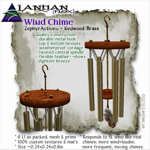 Second Life Marketplace - ~L/Fx~ZephyrActive Wind Chimes - Redwood ...
