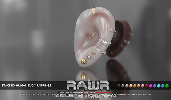 Second Life Marketplace - RAWR! Stacked HUMAN EvoX Earrings (add me)