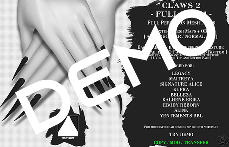 Second Life Marketplace - RELENTLESS CLAWS 2 - FULL PERM - DEMO