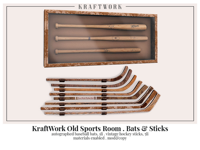 Second Life Marketplace - KraftWork Old Sports Room . Bats & Sticks(Add Me)