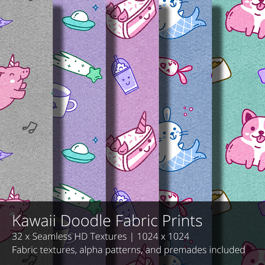 Second Life Marketplace - NEW! 32 x Kawaii Doodle Cotton Fabrics ...