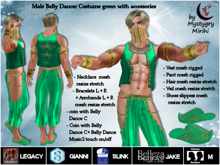 Second Life Marketplace - Male Belly Dancer Costume green mesh rigged ...
