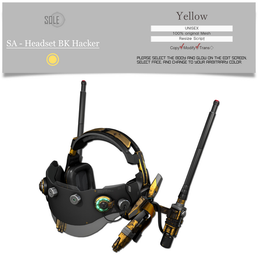 Second Life Marketplace - :::SOLE::: SA - Headset BK Hacker (Yellow)