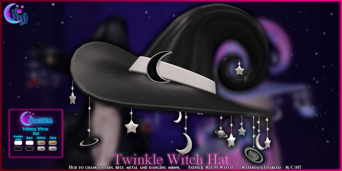 Second Life Marketplace - *NeverWish* Twinkle Witch Hat - Black