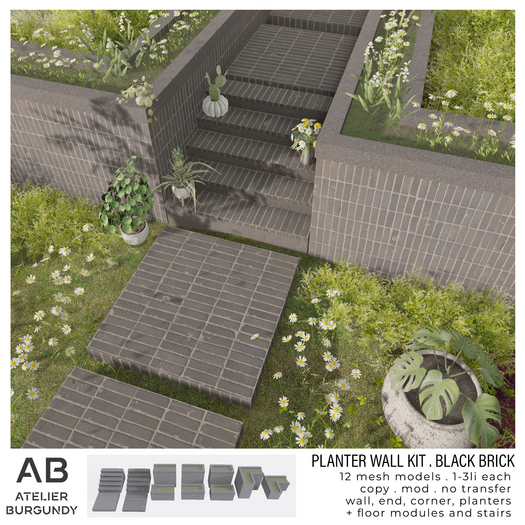 Second Life Marketplace - Atelier Burgundy . Planter Wall Kit Black ...