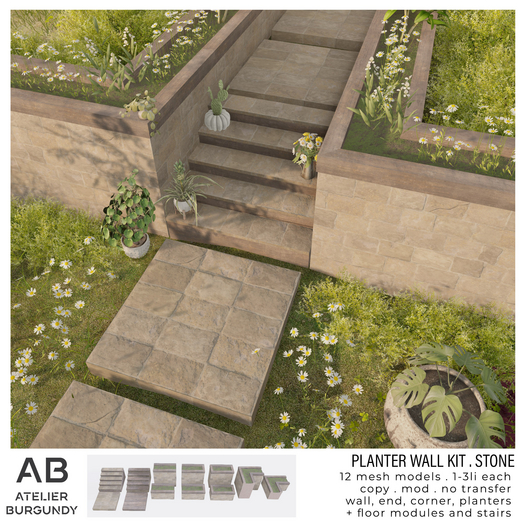 Second Life Marketplace - Atelier Burgundy . Planter Wall Kit Stone *ADD*