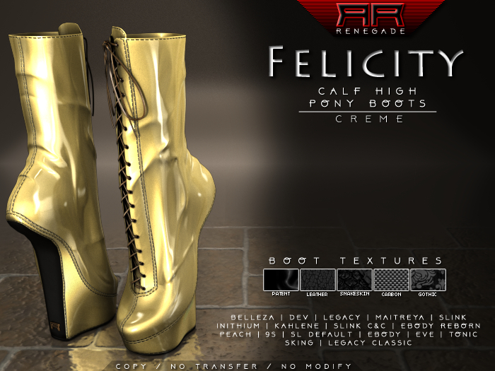 Second Life Marketplace - [Renegade] Felicity Calf High Pony Boots - Creme