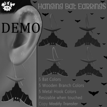 Second Life Marketplace - DEMO Hanging Bat Earrings (Moody)