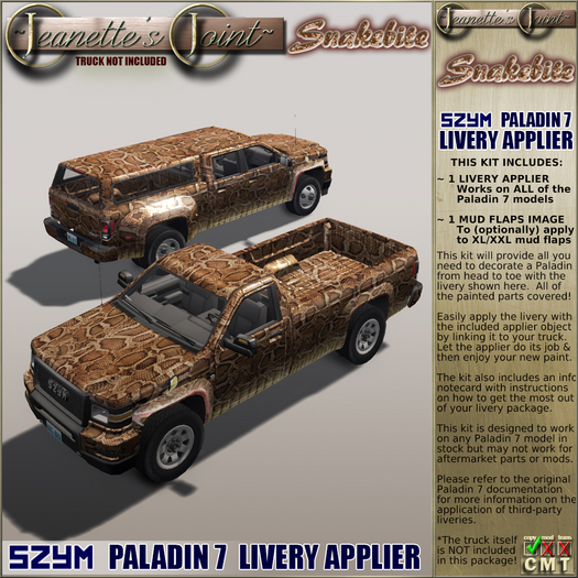 Second Life Marketplace - ~JJ~ SZYM Paladin 7 Livery Applier (Snakebite)