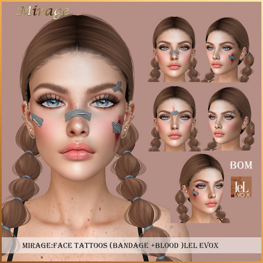 Second Life Marketplace - MIRAGE:Face Tattoos (Bandage +Blood )Lel EVOX
