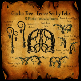 Second Life Marketplace - Gacha Tree Fence Set by Felix *gate* 3 Prim Rare