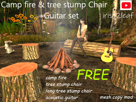 Second Life Marketplace - Camp fire & tree stump Chair +Guitar set