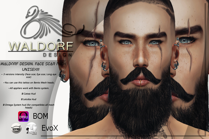 Second Life Marketplace - Waldorf Design. Face Scar Pack -BOM/EVOX