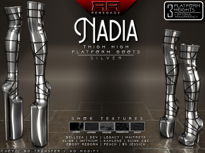 Second Life Marketplace - [Renegade] Nadia Thigh High Platform Boots - Silver