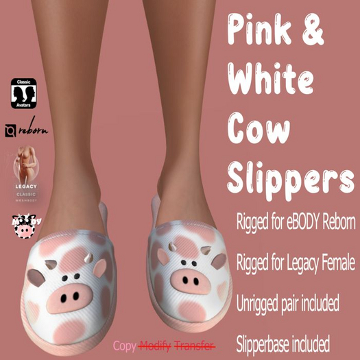 Second Life Marketplace - Pink & White Cow Slippers - Legacy, Reborn ...