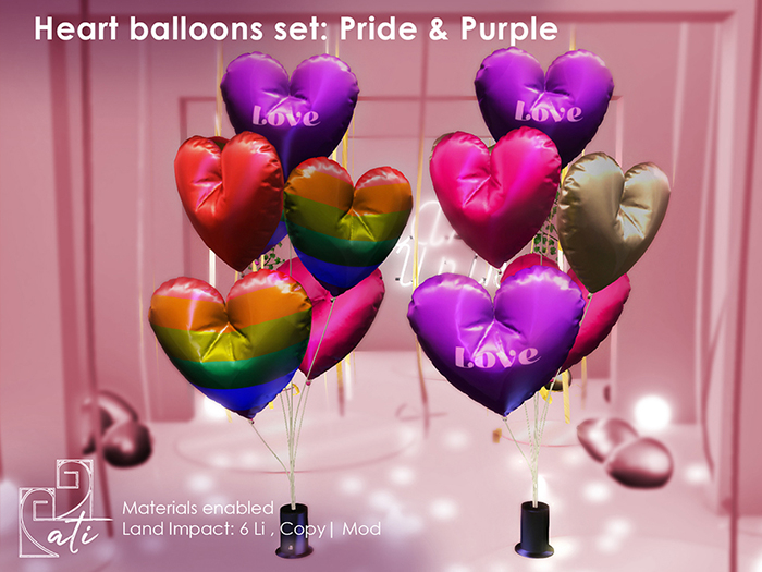 Second Life Marketplace - ati: heart balloons: pride & purple