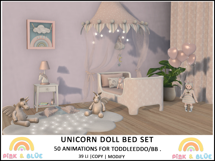 Second Life Marketplace - (Pink & Blue)Unicorn Doll Bed Set TD/BB