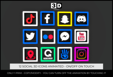 Second Life Marketplace - 12 SOCIAL ICONS FATPACK 3D MESH - ON/OFF ...