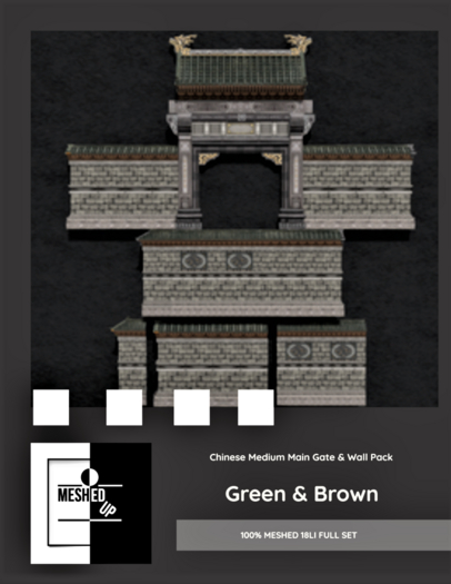 Second Life Marketplace - MeshedUp: Grn/Brn Chinese Medium Gate & Wall Pack