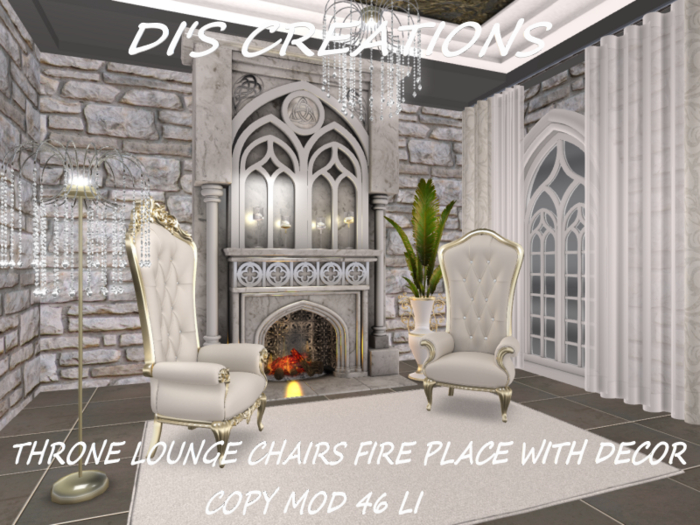 Second Life Marketplace - THRONE LOUNGE CHAIRS FIRE PLACE WITH DECOR