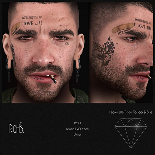 Second Life Marketplace - RichB. I Love Life Face Tattoo & Bite