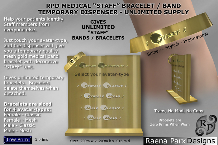 Second Life Marketplace - RPD MEDICAL “STAFF” BRACELET / BAND TEMPORARY ...