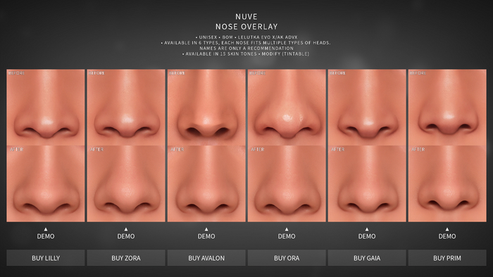 Second Life Marketplace - Nuve. Nose Overlay DEMO - Lelutka Evo X