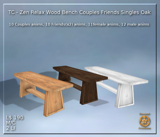 Second Life Marketplace - TC - Zen Relax Wood Bench Couples Friends Singles