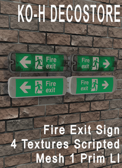 Second Life Marketplace - KO-H Fire Exit Sign 4 Textures