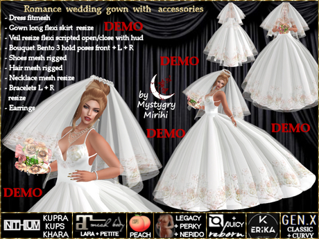 Second Life Marketplace - DEMO Romance wedding gown,veil,bouquet,shoes ...
