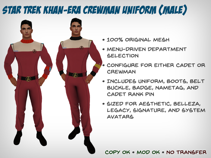 Second Life Marketplace - Star Trek WOK Crewman/Cadet Jumpsuit - Male