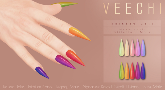 Second Life Marketplace - Veechi - Rainbow Gels // Stiletto Male Mesh Nails