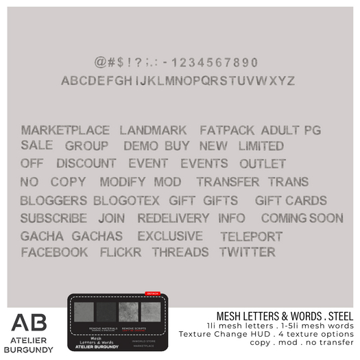 Second Life Marketplace - Atelier Burgundy . Mesh Letters & Words Steel ...