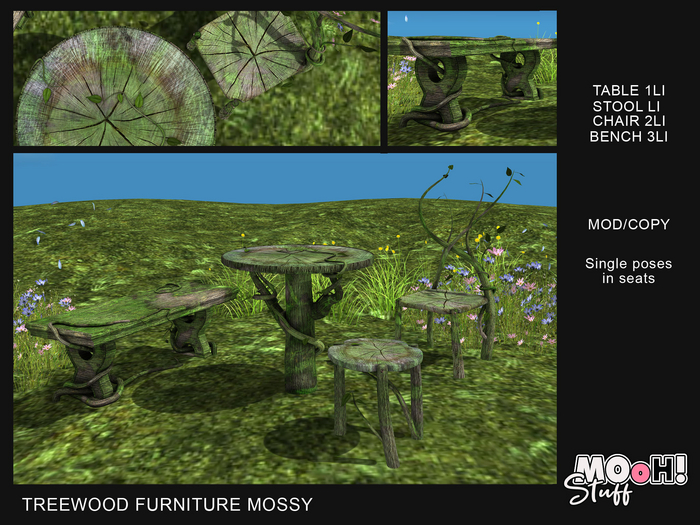 Second Life Marketplace - MOoH! Stuff Treewood furniture mossy (Add)