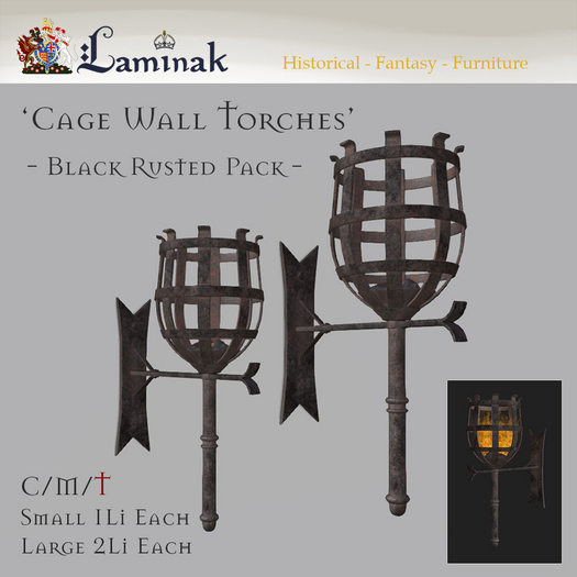Second Life Marketplace - Laminak - Cage Wall Torch Set - Black Rusted