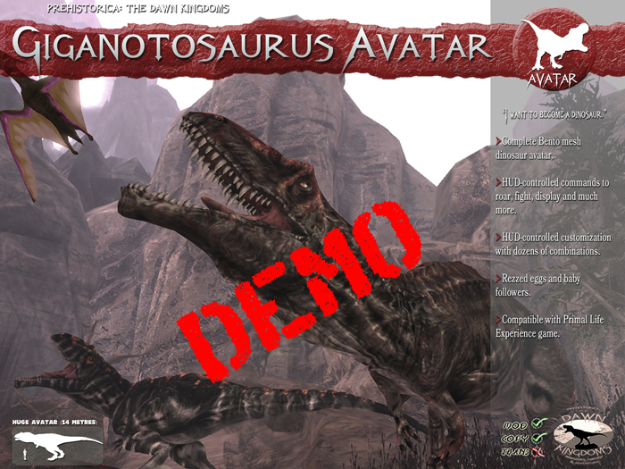 Second Life Marketplace - {DEMO} GIGANOTOSAURUS ~ Mesh Dinosaur Avatar ...