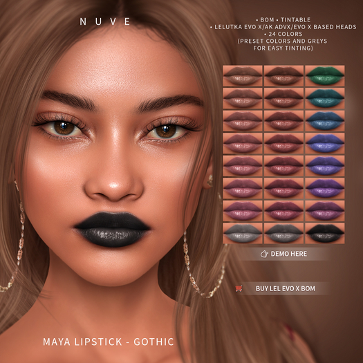 Second Life Marketplace - Nuve. Maya Lipstick Gothic - Evo X BOM DEMO
