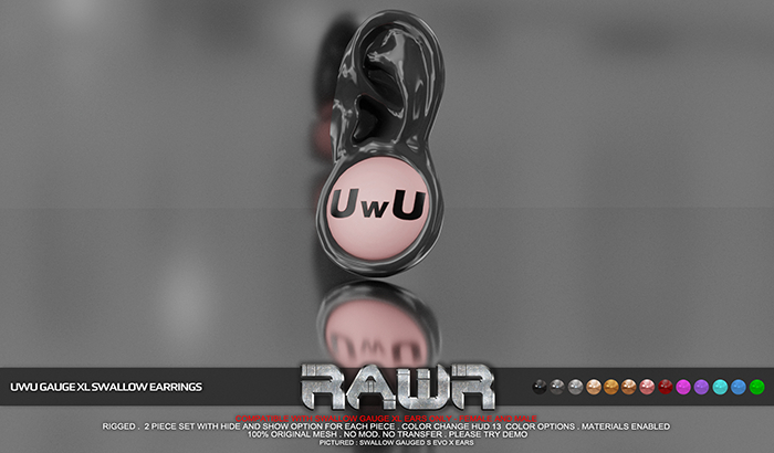 Second Life Marketplace - RAWR! Uwu Swallow Gauge XL Earrings DEMO (add me)