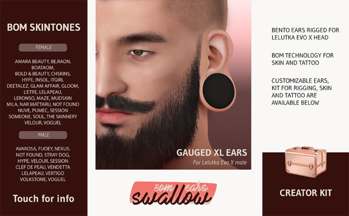 Second Life Marketplace - ^^Swallow^^ Gauged XL for lel Evo X Ears (male)