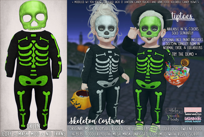 Second Life Marketplace - . tiptoes - Skeleton Costume - Green