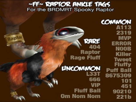 Second Life Marketplace - ~FF~ Raptor Ankle Tag - Rage Fluff RARE (Boxed)