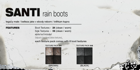 Second Life Marketplace - S-RANK "SANTI" RAIN BOOTS / TEXTURE PACK 01