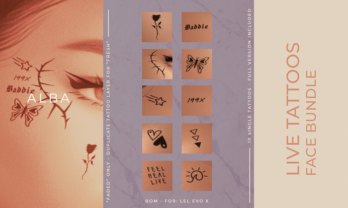 Second Life Marketplace - ALBA - Live Tattoos Bundle - Face - Lel Evo X