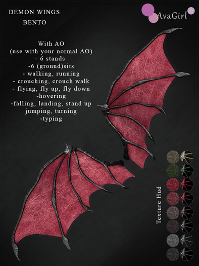Second Life Marketplace - AvaGirl - Demon Wings with AO
