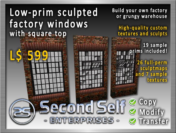 Second Life Marketplace - (2S) Low prim sculpted factory windows square