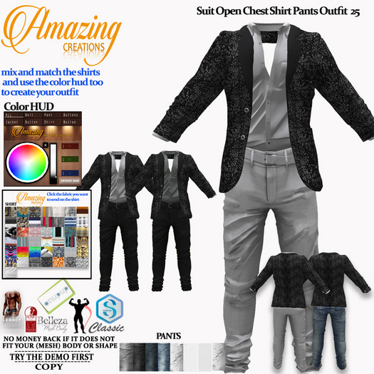 Second Life Marketplace - AmAzInG CrEaTiOnS Suit Open Chest Shirt Pants ...