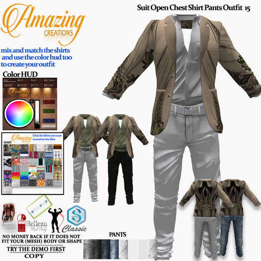 Second Life Marketplace - AmAzInG CrEaTiOnS Suit Open Chest Shirt Pants ...
