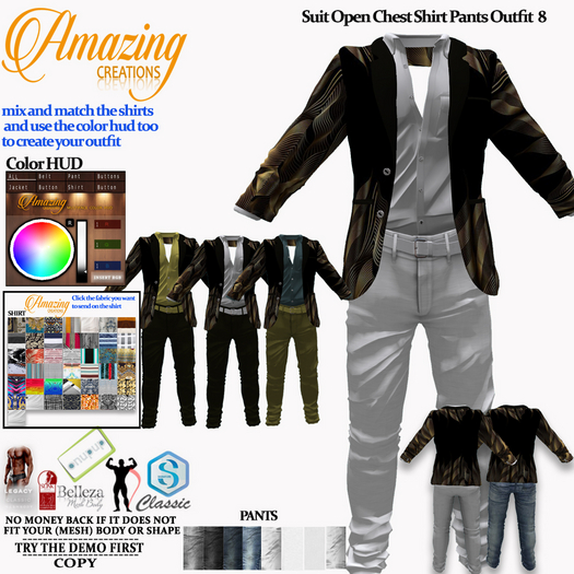 Second Life Marketplace - AmAzInG CrEaTiOnS Suit Open Chest Shirt Pants ...