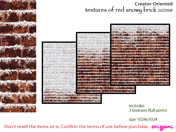 Second Life Marketplace - origami~* textures of red snowy brick 20231118