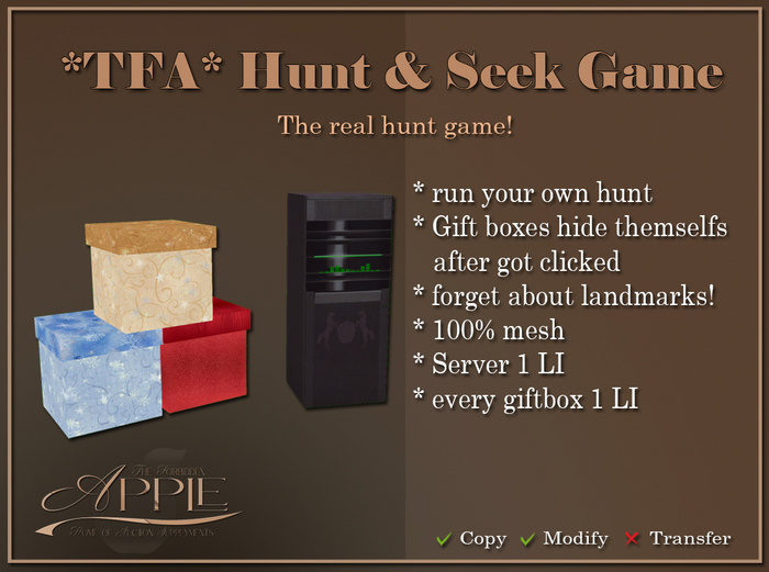 Second Life Marketplace - *TFA* Hide & Seek Hunt Game V1.0 [ADD ME]